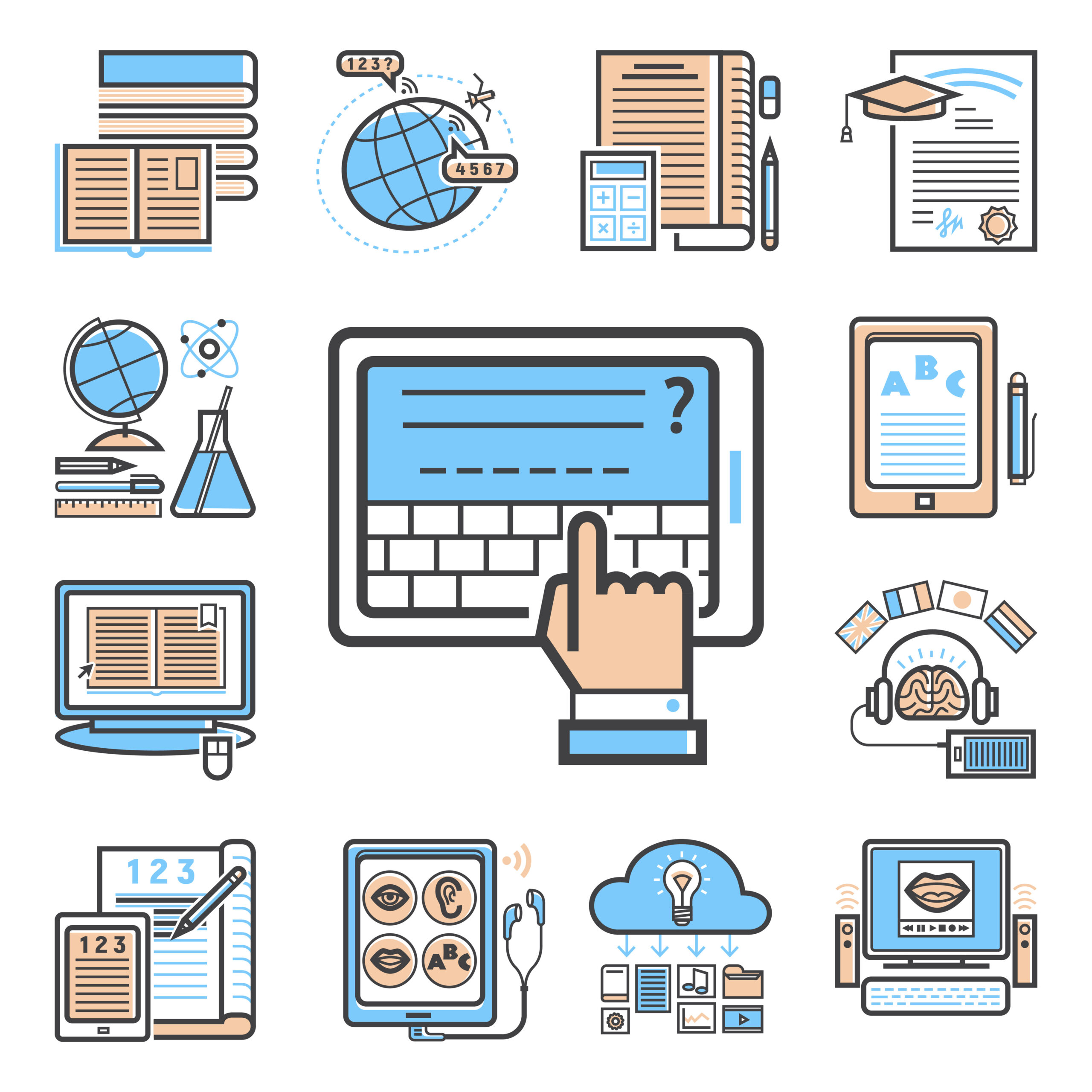 Set of flat design outline icons education tutorials staff training ...